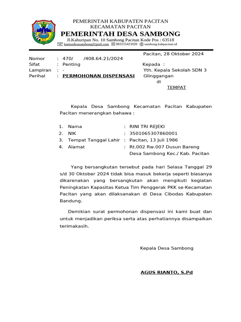 SURAT DISPENSASI Bu Lurah | PDF