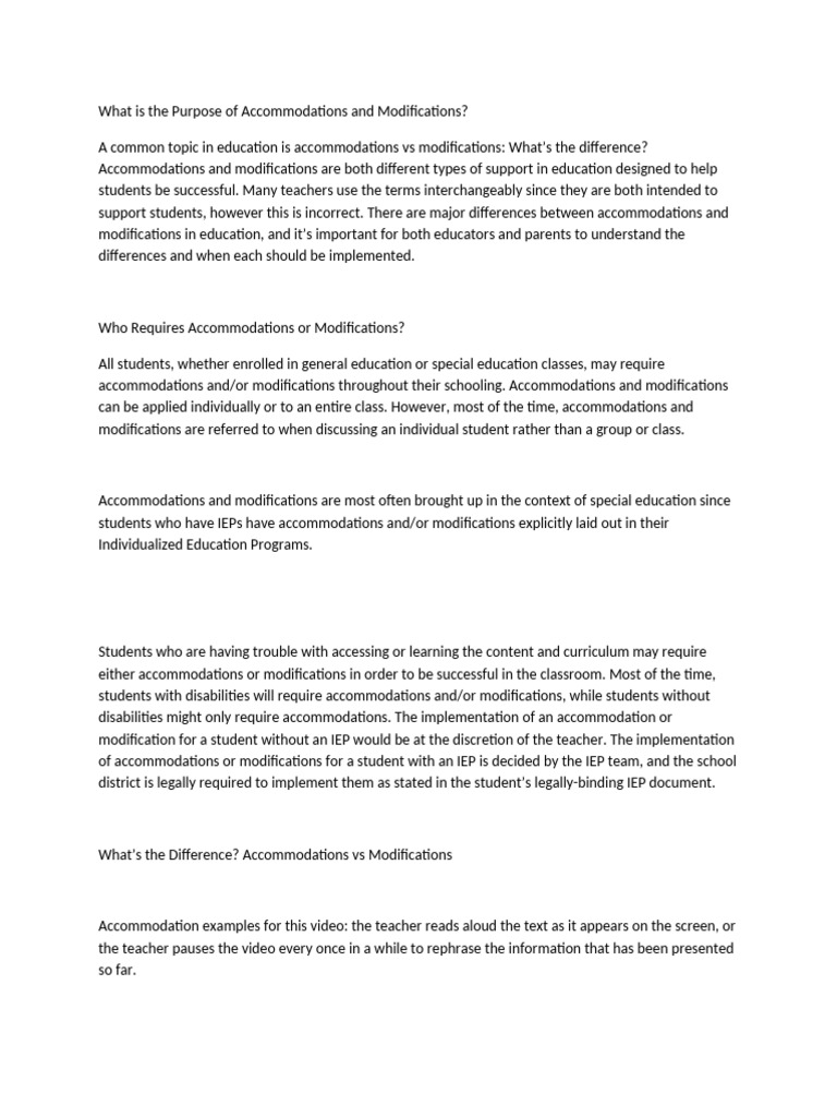 Accommodations vs Modifications Explained | PDF | Individualized ...
