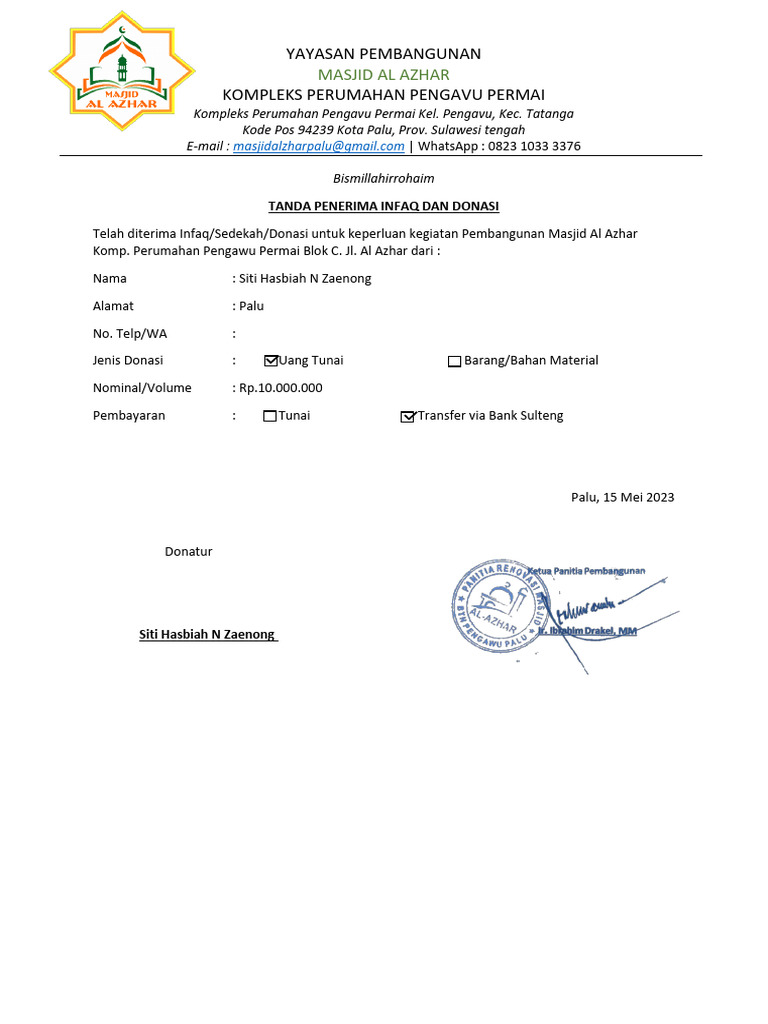 Tanda - Penerima - Infaq - Dan - Donasi - Siti Hasbian | PDF