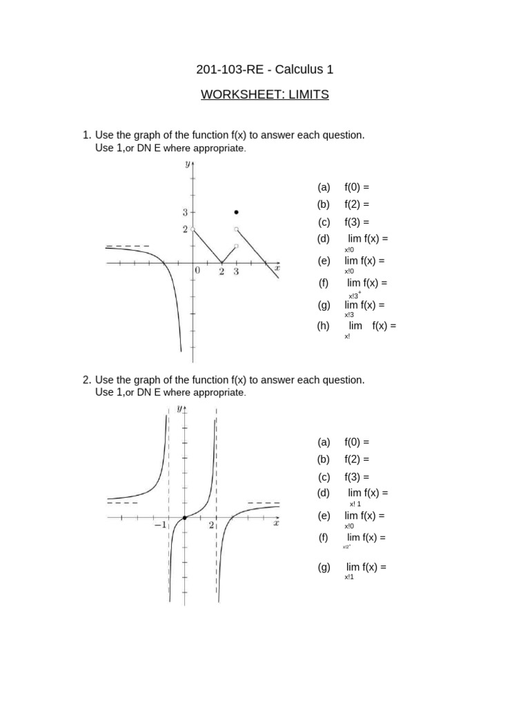 Calculus 1 Limits Worksheet | PDF | Trigonometric Functions | Functions ...