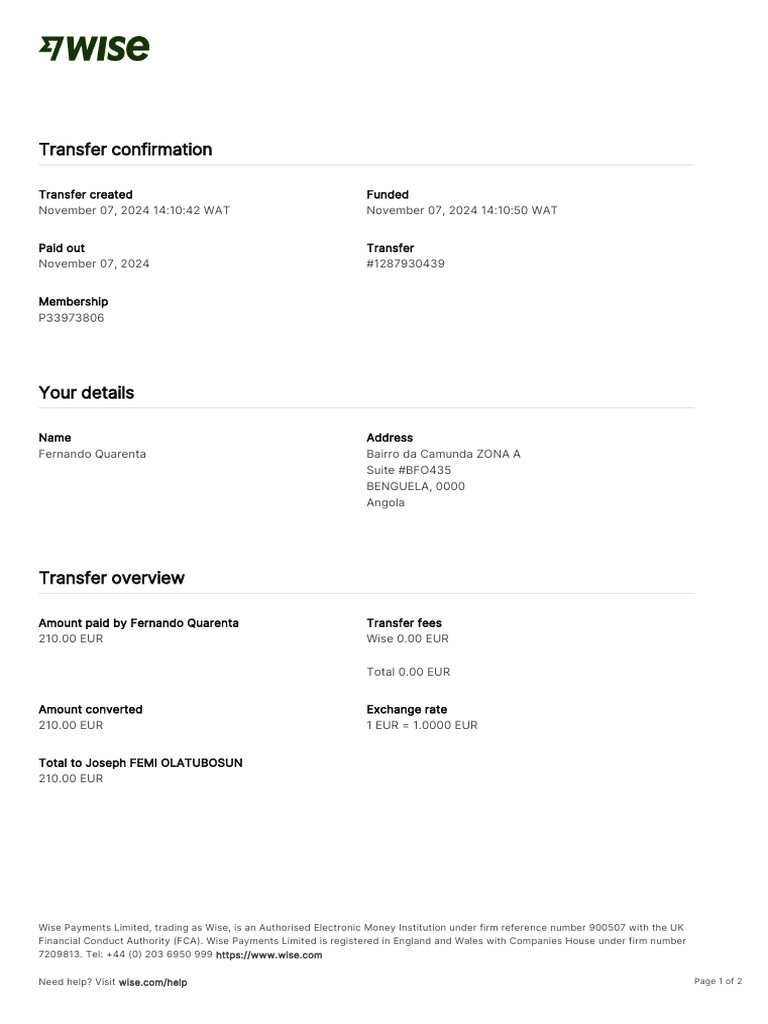 Wise Transaction Invoice Transfer 1287930439 4229864281 PT | PDF ...