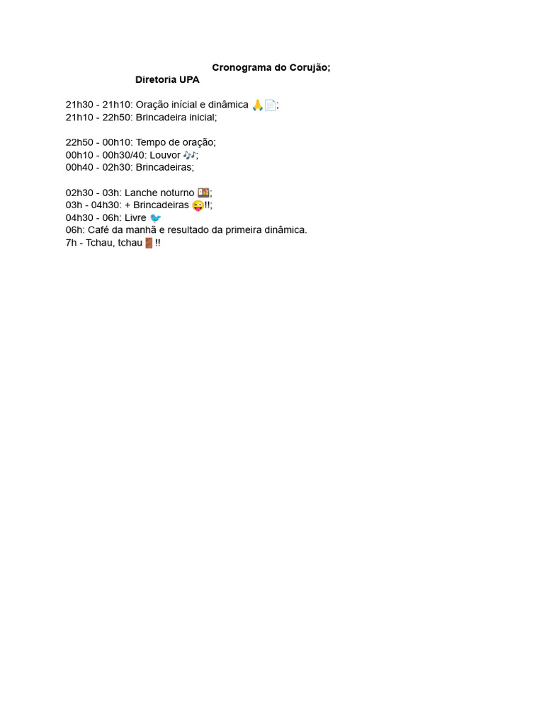 Cronograma do Corujão UPA 2023 | PDF