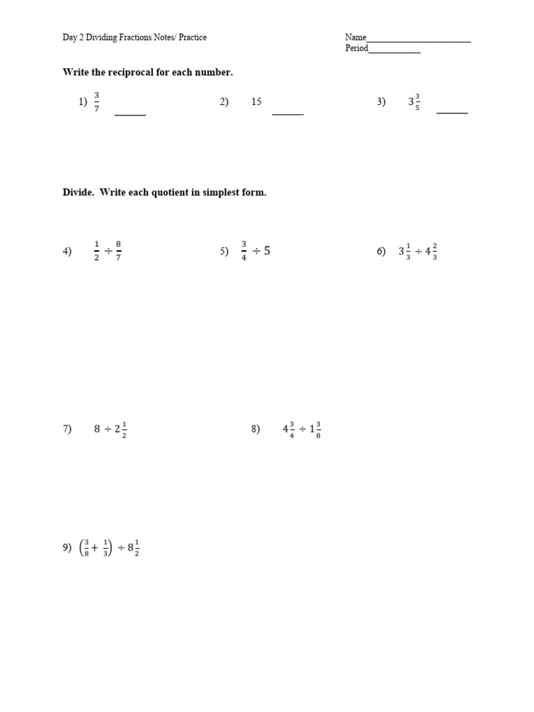 Dividing Fractions Day 2 Class Notes-Practice | PDF