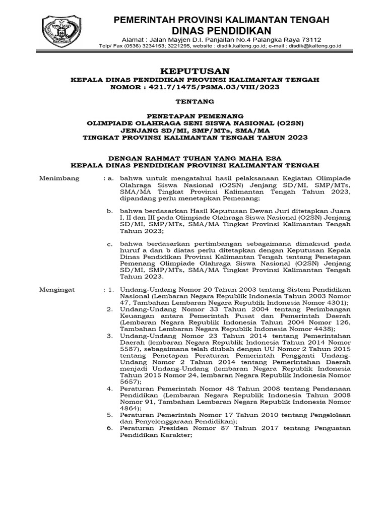 SK Juara O2SN Tingkat Provinsi | PDF