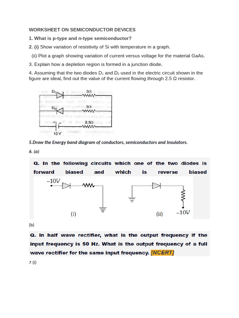 Class 12 Semiconductor Devices Worksheet | PDF | Teaching Methods ...