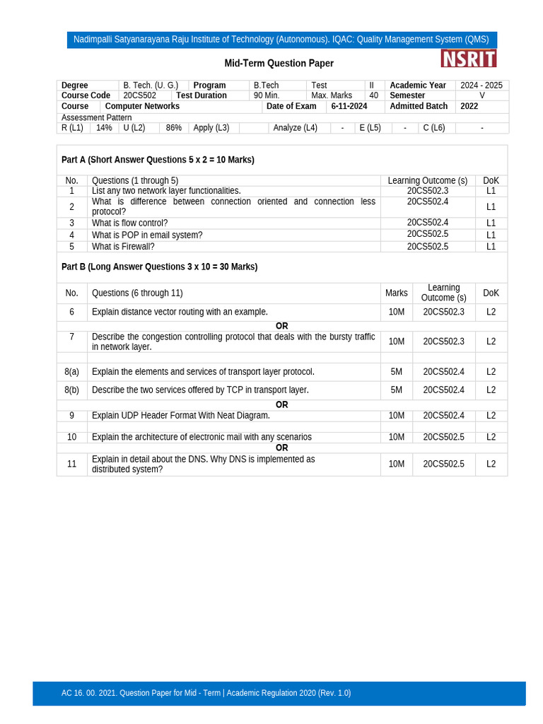 B.Tech Computer Networks Exam | PDF | Computer Networking | Internet