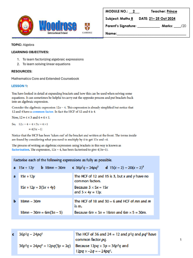 Factorisation and Linear Equations | PDF Factorisation and Linear Equations | PDF