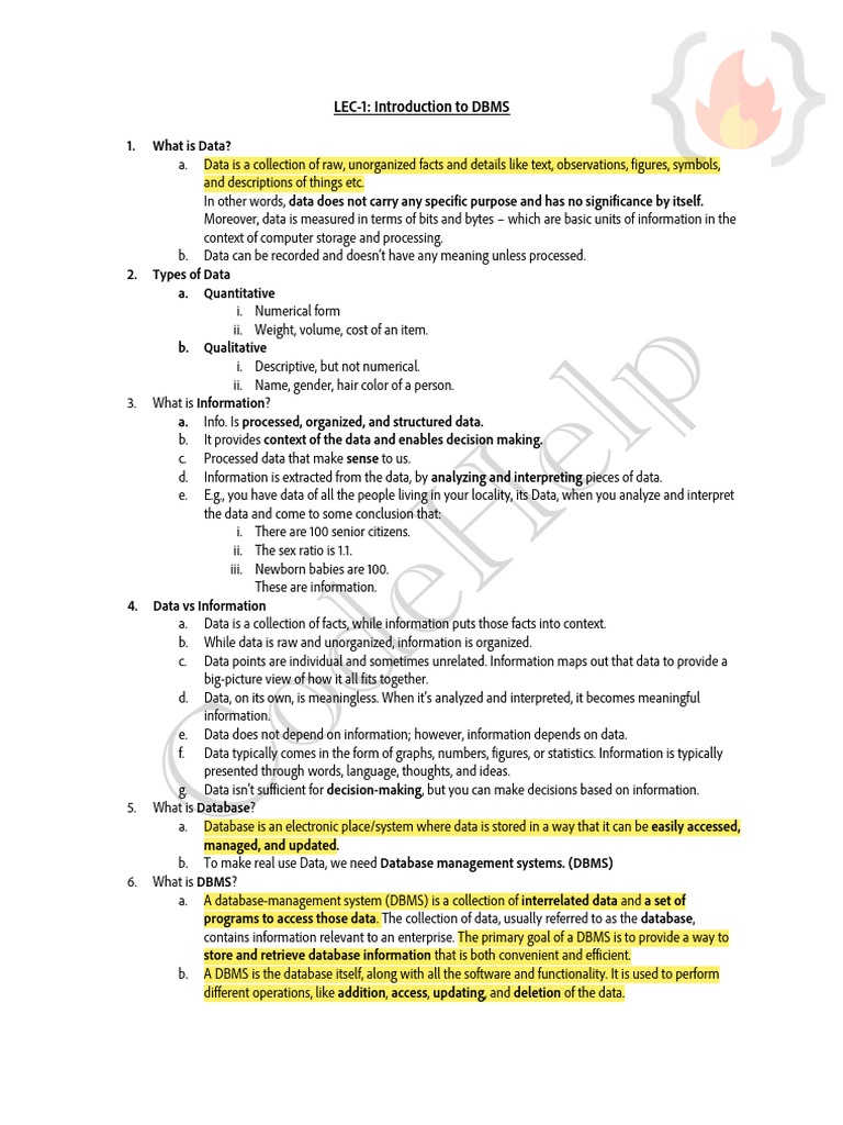 Lec 1 Notes Pdf Databases Data