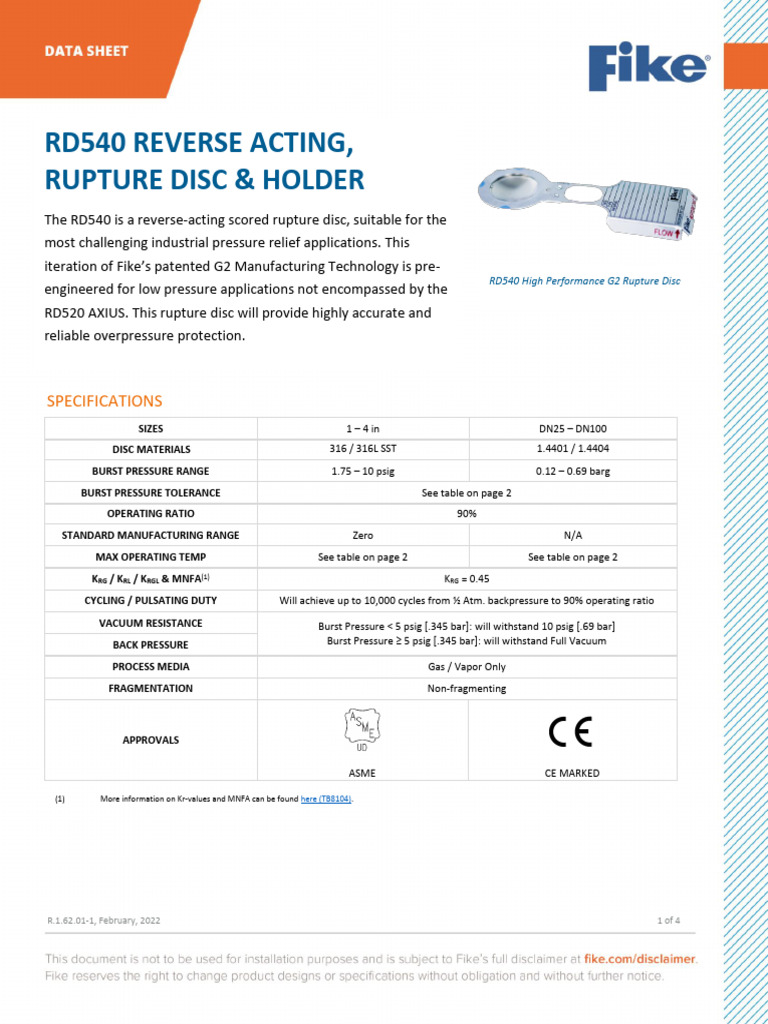 Rd540 Reverse Acting, Rupture Disc & Holder: Specifications | PDF ...