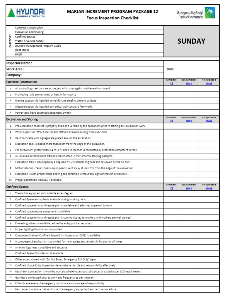 FSIR Focus Checklist - SUNDAY | PDF | Safety | Transport
