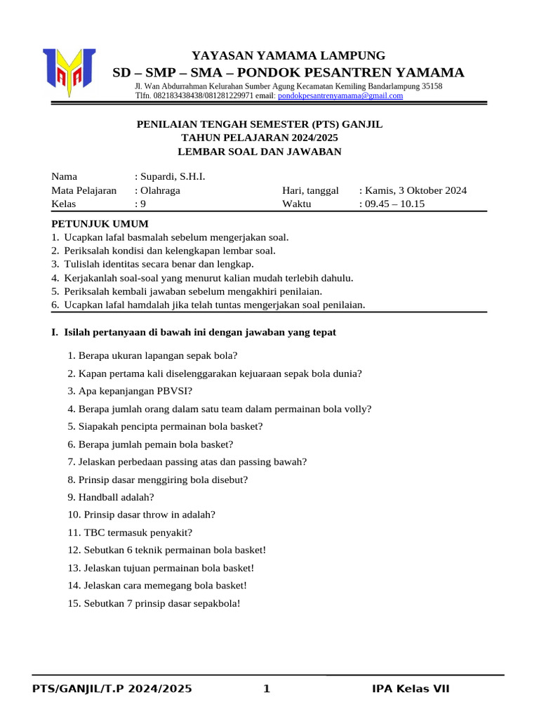 Format Soal PTS Olahraga Kelas 9 | PDF | Olahraga & Rekreasi | Kajian Bahasa Asing