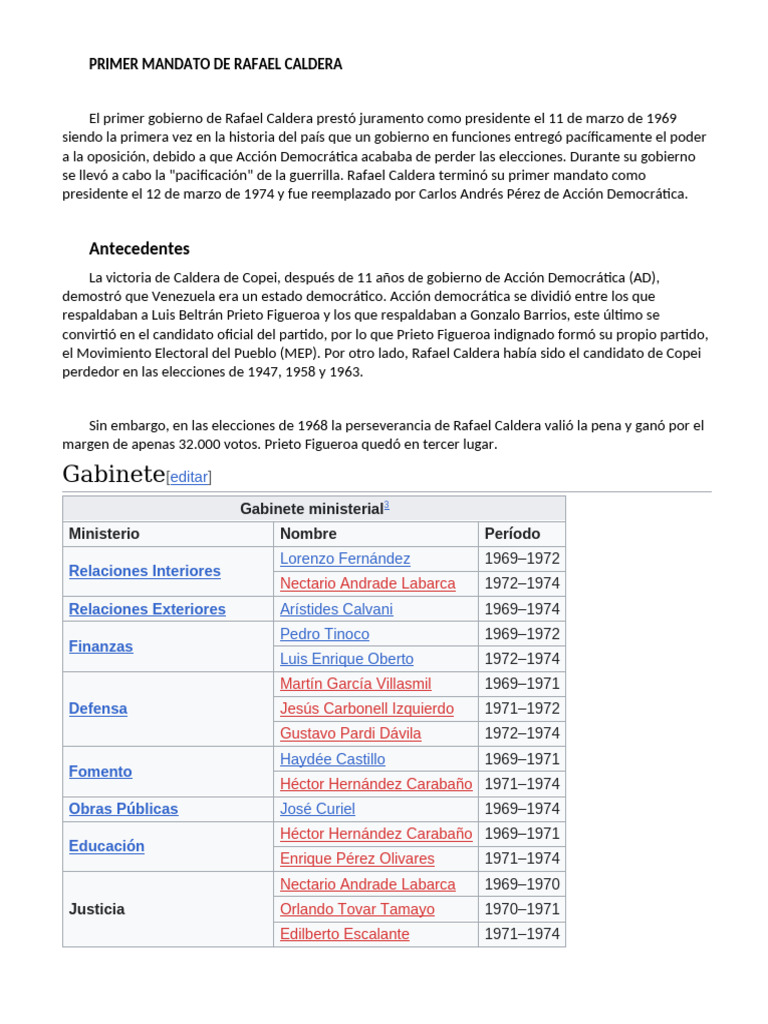 PRIMER MANDATO DE RAFAEL CALDERA | PDF | Venezuela | Política de venezuela