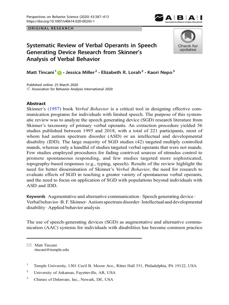 Tincani Et Al. (2020) Systematic Review of Verbal Operants in Speech ...