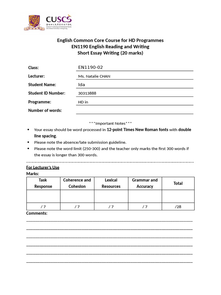 7 Short Essay Writing Cover Page + Mark Sheet 副本 | PDF | Social Media ...
