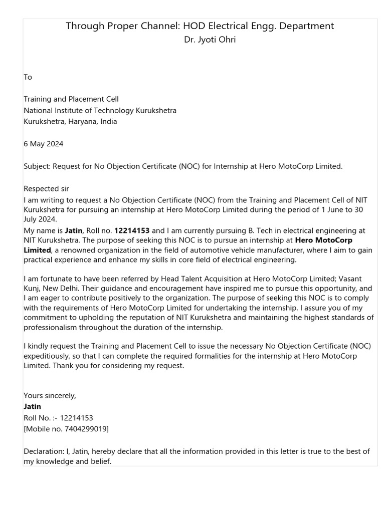 NOC Application Jatin | PDF | Finance & Money Management