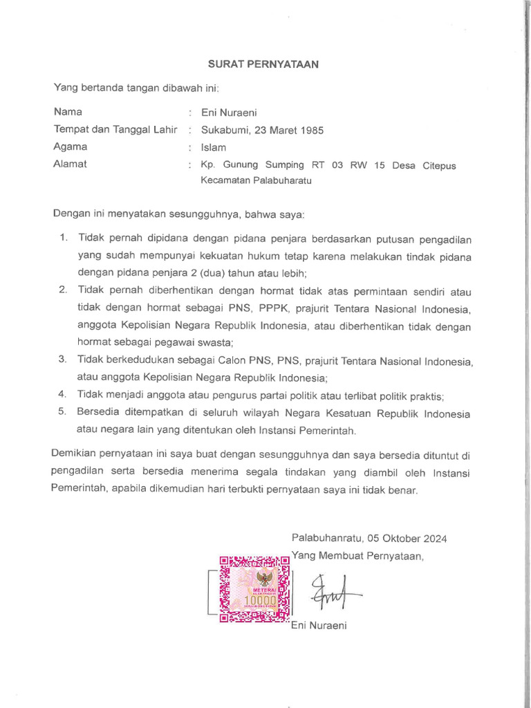 Surat Pernyataan Eni e Materai | PDF