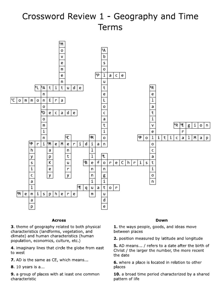 Crossword Review 1 - Geography and Time Terms ANSWER KEY | PDF