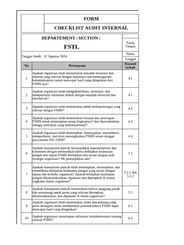 Checklist Audit Internal FSMS | PDF | Pengelolaan Keuangan & Uang