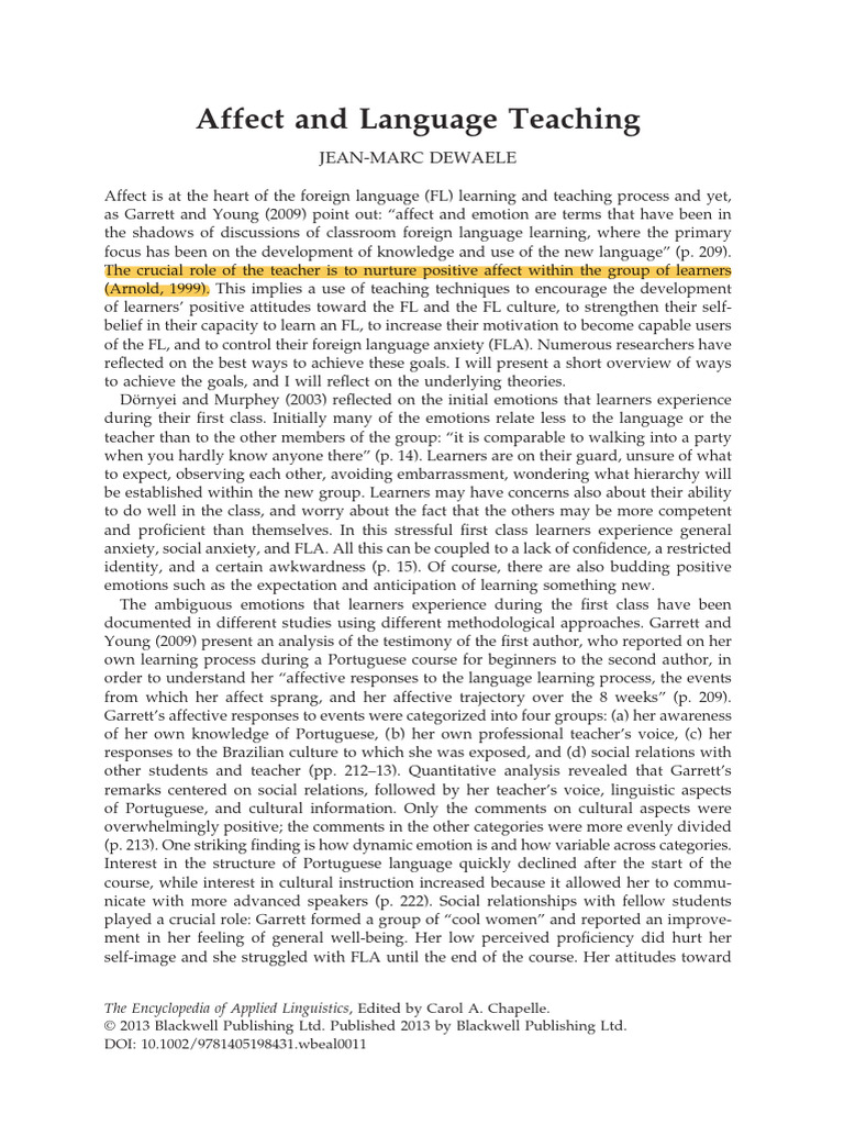Role of Affect in Language Learning | PDF | Second Language | Second ...