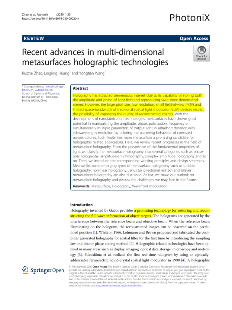 Recent Advances in Multi-Dimensional Metasurfaces Holographic Technologies | PDF | Holography ...