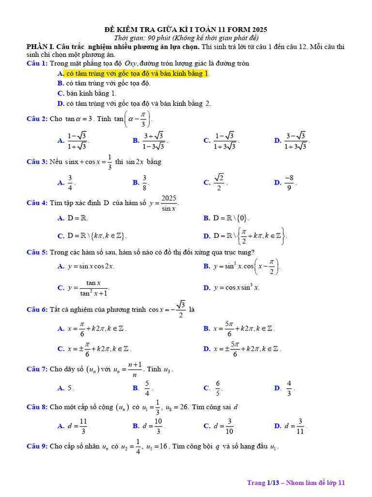 05 de Kiem Tra Giua Hoc Ki 1 Toan 11 Cau Truc Trac Nghiem Moi Trang | PDF
