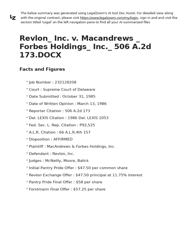 Revlon - Inc. v. Macandrews - Forbes Holdings - Inc. - 506 A.2d 173 ...