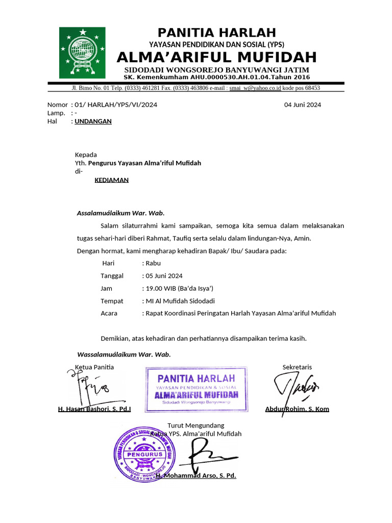 Undangan Peringatan Harlah YPS Alma'ariful Mufidah | PDF