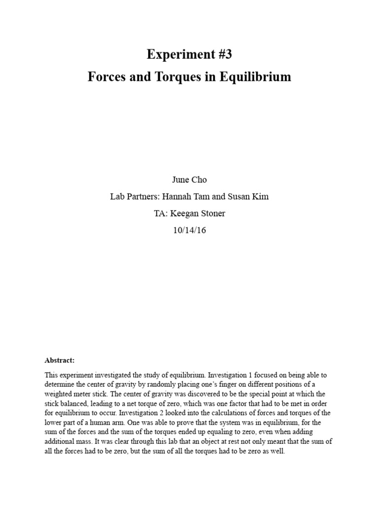 Physics Lab 3 Forces and Torques in Equilibrium June Cho | PDF | Force ...