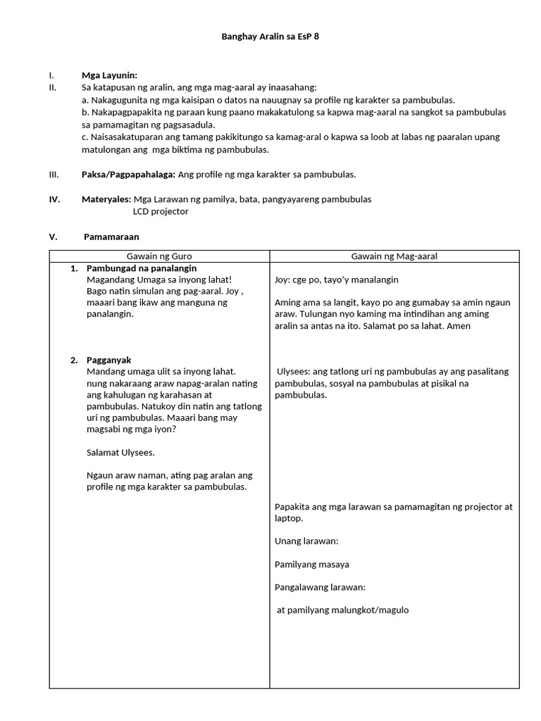 Banghay Aralin Sa EsP 8. Cardenas | PDF