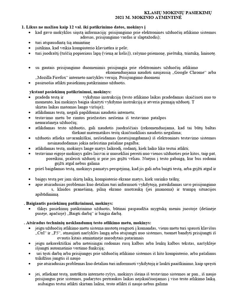 4 Ir 8 Klasiu E-Nmpp Vykdymo Atmintine Mokiniams - 2021 | PDF