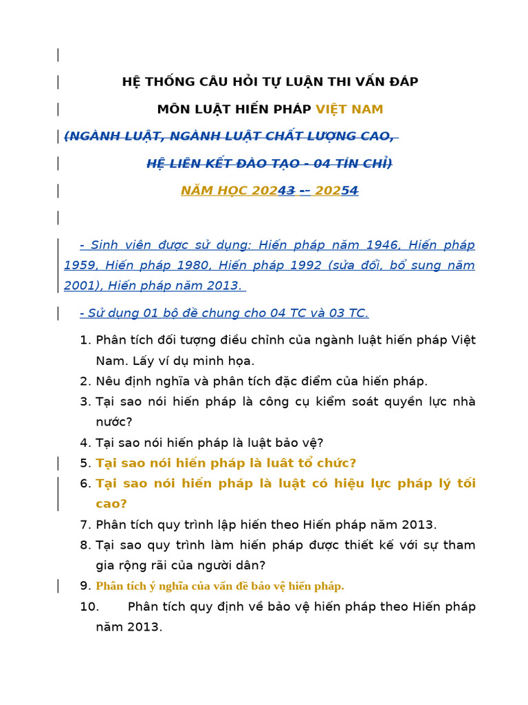 2024-HỆ THỐNG CÂU HỎI TỰ LUẬN THI VẤN ĐÁP LHP | PDF