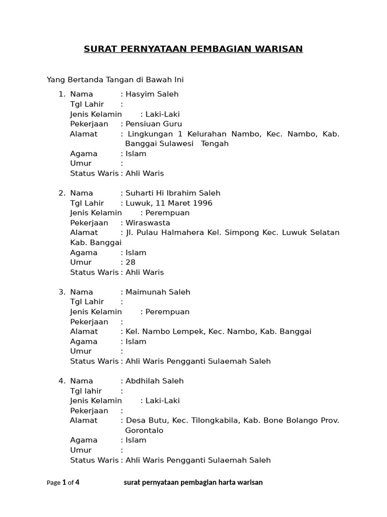 Surat Pernyataan Pembagian Warisan | PDF