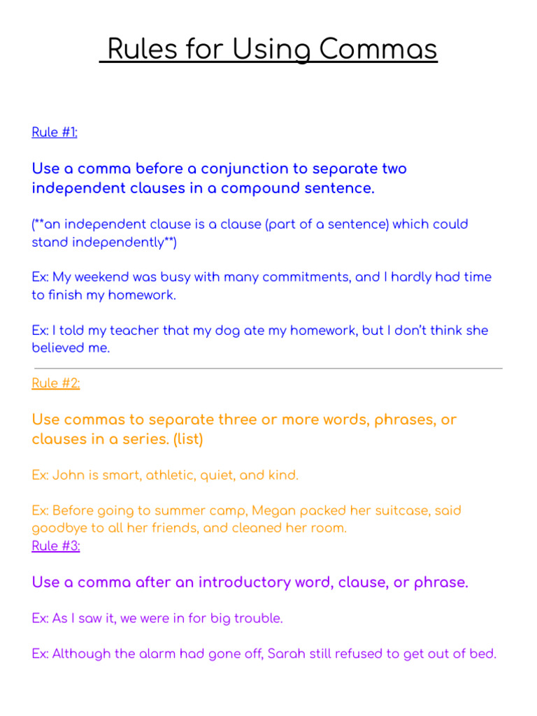 Comma Rules Cheat Sheet | PDF