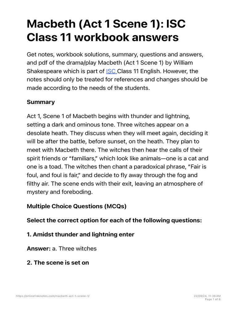 Macbeth (Act 1 Scene 1) - ISC Class 11 Workbook Answ | PDF | Macbeth | Witchcraft