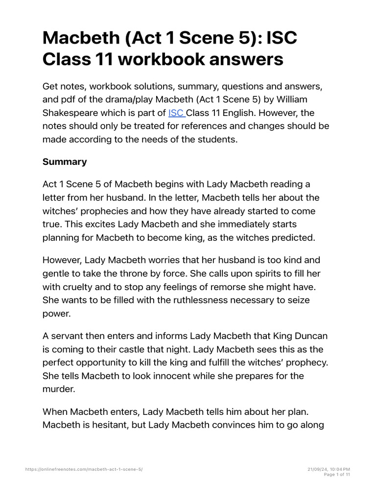Macbeth (Act 1 Scene 5) - ISC Class 11 Workbook Answe | PDF | Macbeth