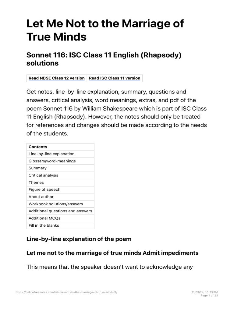 Let Me Not To The Marriage of True Minds (Sonnet 116) Not | PDF ...