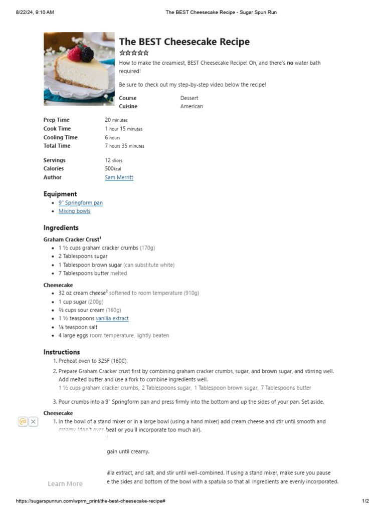 The BEST Cheesecake Recipe - Sugar Spun Run | PDF | Cheesecake | Teaspoon