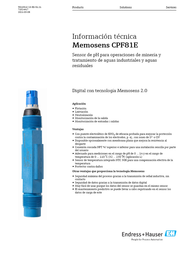 Sensor pH Memosens CPF81E para Minería | PDF | Sensor | Calibración