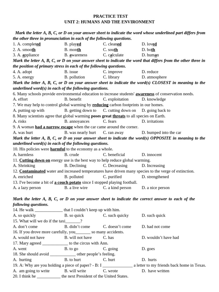 K10 Practice Test Unit 2 | PDF | Organic Foods | Reuse
