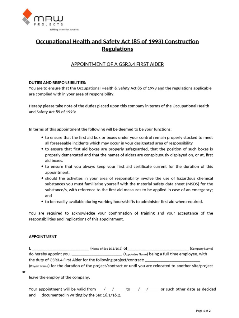 First Aider Appointment Guide | PDF | Occupational Safety And Health ...