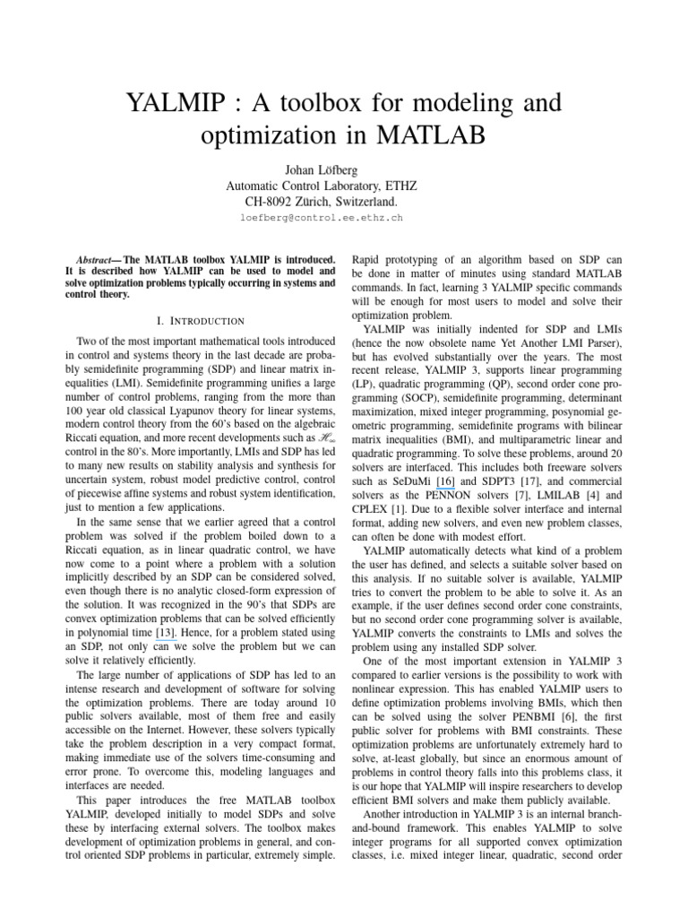 Löfberg - 2004 - YALMIP A Toolbox For Modeling and Optimization in MATLAB | PDF | Mathematical ...