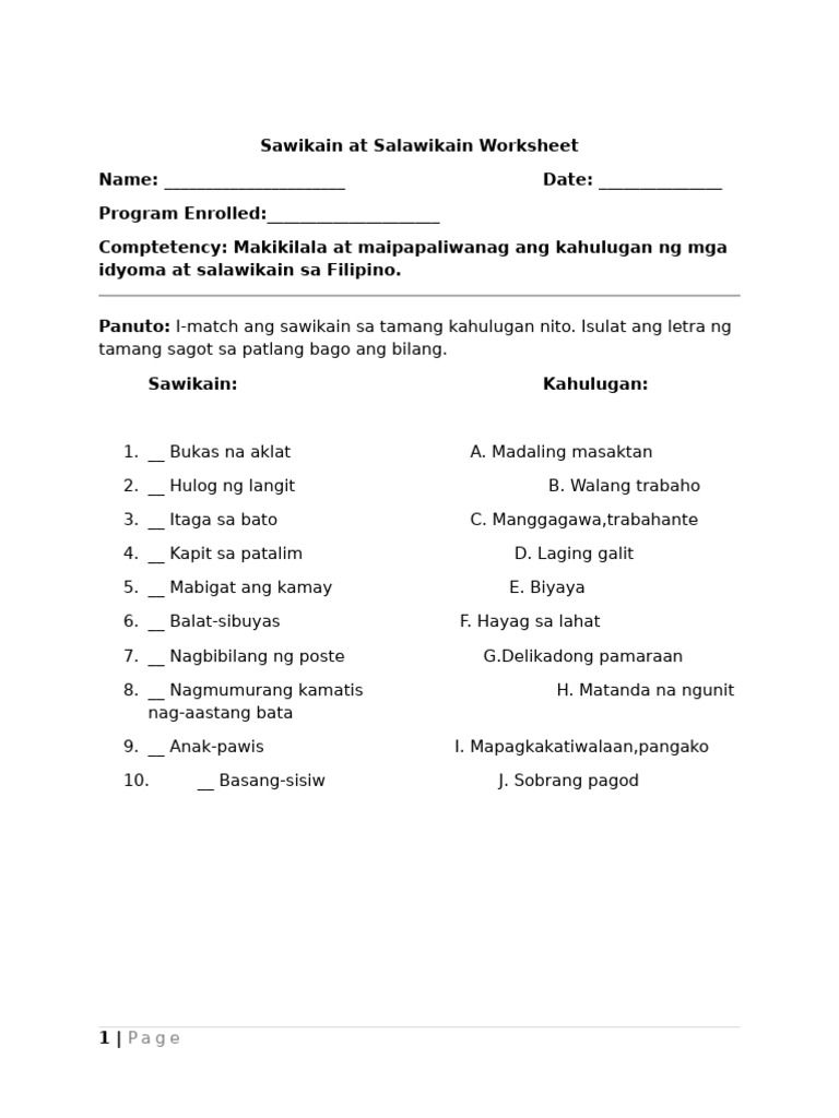 Sawikain at Salawikain Worksheet | PDF