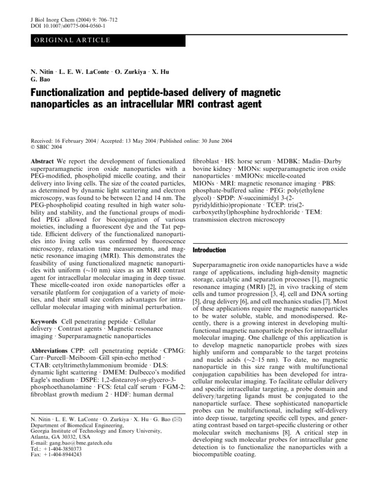 Functionalized Magnetic Nanoparticles for MRI | PDF | Nanoparticle ...