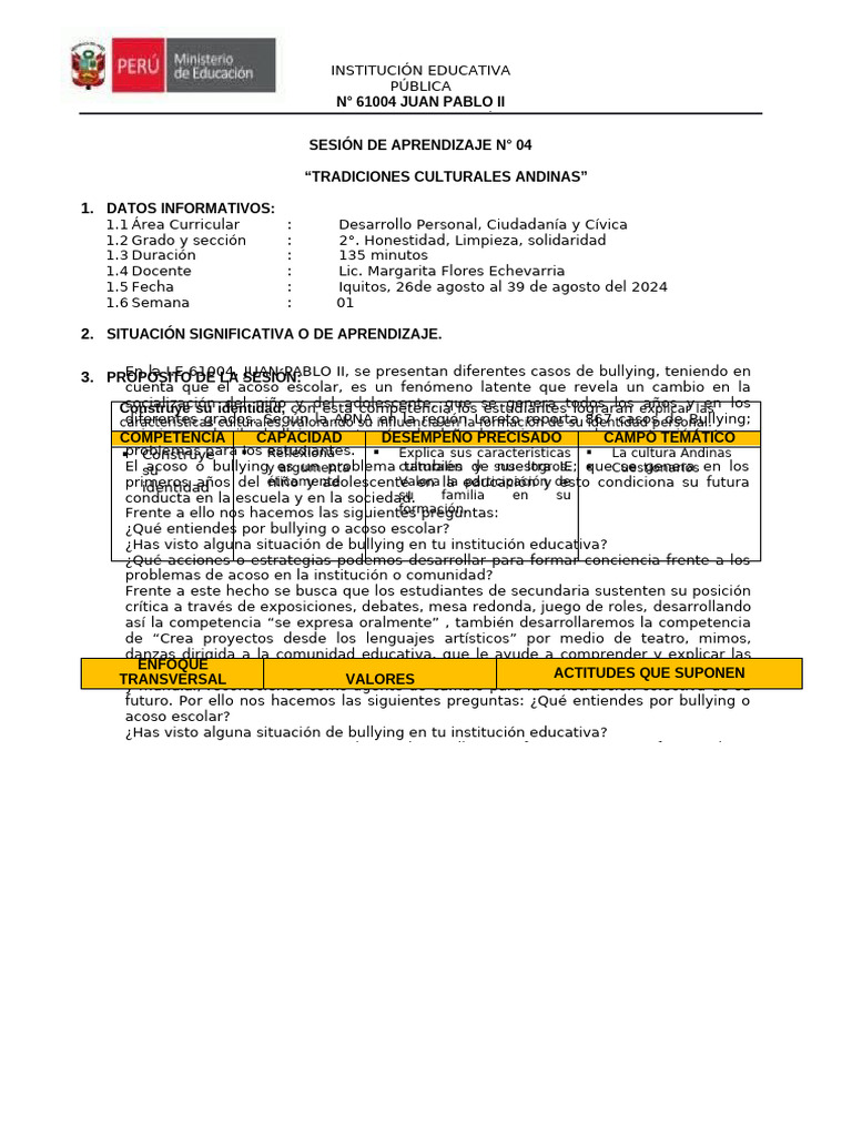 Sesion 22 DPCC 2° Tradiciones Culturales Andinas | PDF