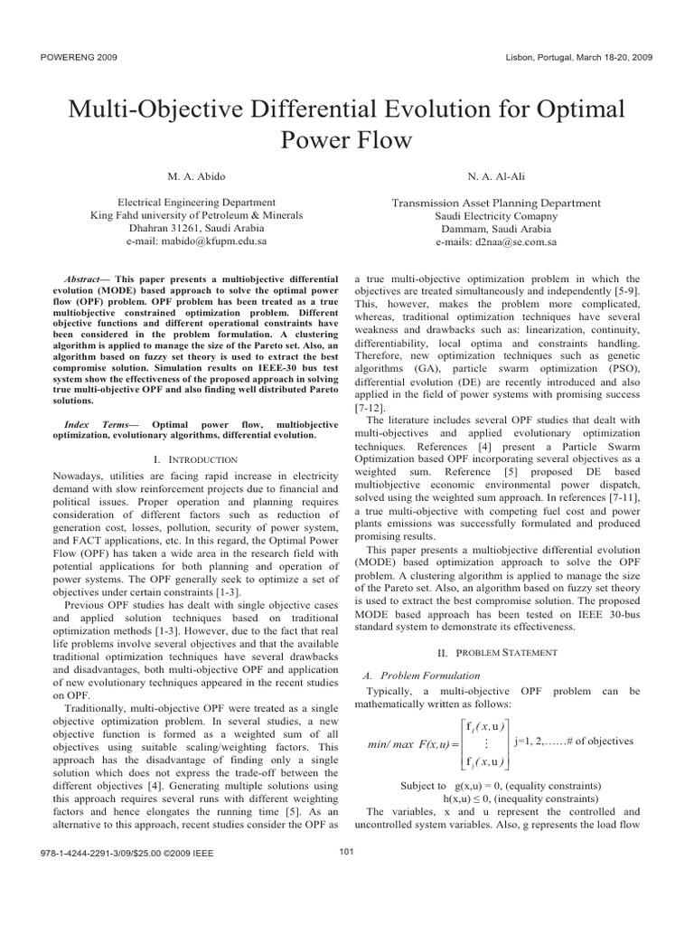 Multi-Objective Differential Evolution For Optimal Power Flow - Abido, Al-Ali - 2009 | PDF ...