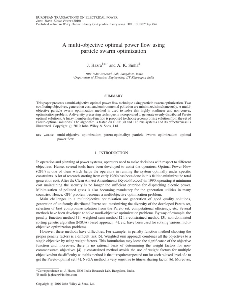 A Multi-Objective Optimal Power Flow Using Particle Swarm Optimization - Hazra, Sinha - 2010 ...