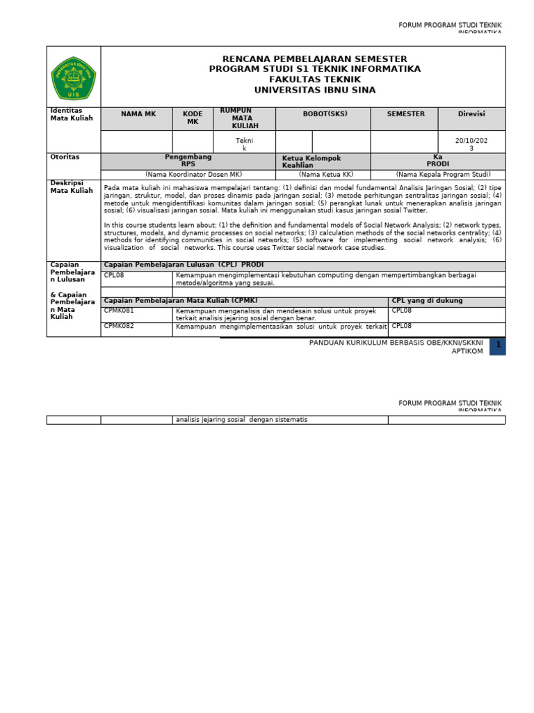 Template RPS OBE TF 2023 | PDF | Seni | Komputer