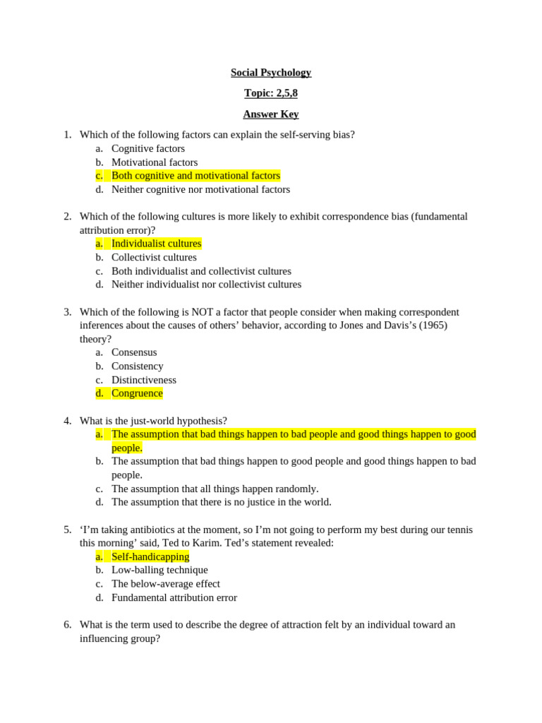 Social Psychology Mock Quiz | PDF | Attitude (Psychology) | Emotions
