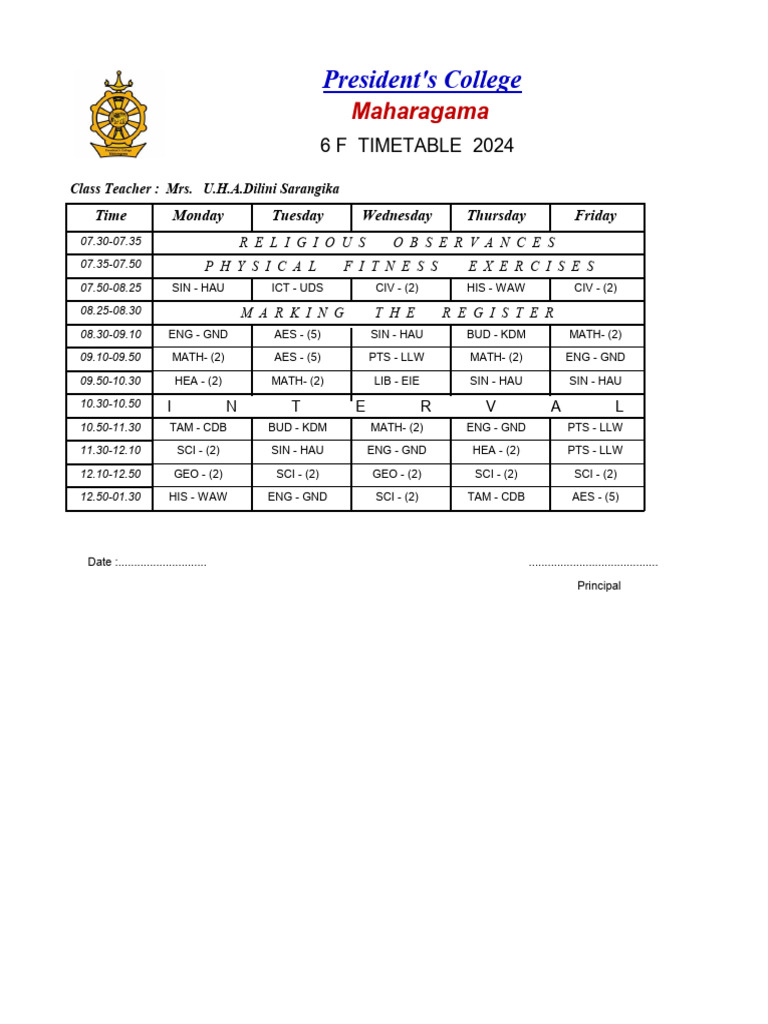 Grade 6F Timetable 2024 | PDF