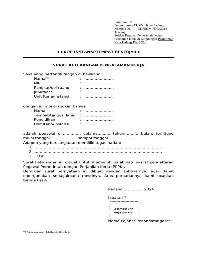 Lampiran IV - Format Surat Pengalaman Kerja | PDF